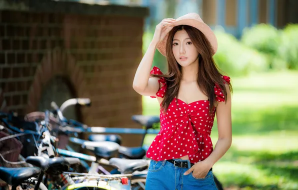 Download wallpaper girl, hat, Asian, bikes, bokeh, section girls in resolution 1170x2532