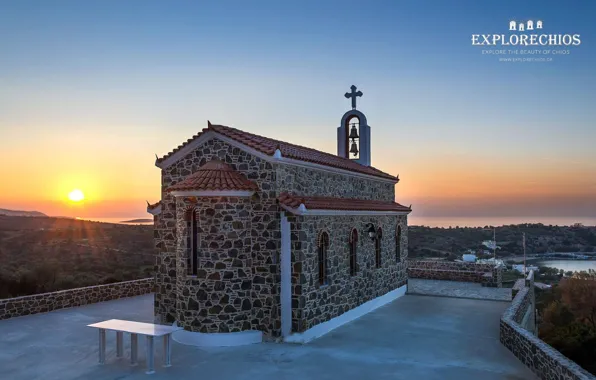 Wallpaper sunset, greece, church, lithi, chios, agios nikolaos images ...