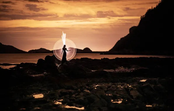 Wallpaper girl, clouds, light, landscape, sunset, mountains, nature ...