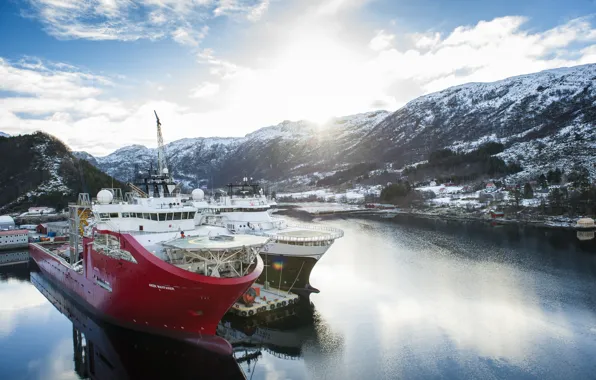 Wallpaper The sun, Winter, Mountains, The ship, Offshore Supply Ship ...