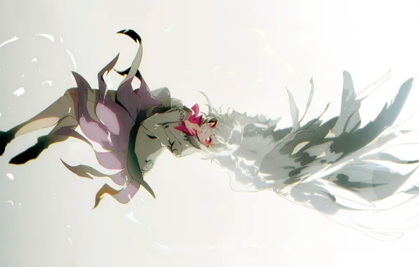 Download wallpaper wings, grey background, white hair, art, Touhou ...