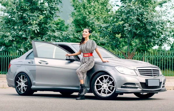 Wallpaper look, smile, Girls, Mercedes, Asian, beautiful girl, grey car ...