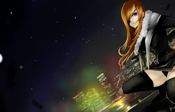 Wallpaper look, girl, night, the city, weapons, the moon, art, eye ...