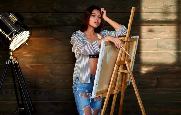 Wallpaper look, girl, pose, jeans, shirt, brush, spotlight, easel for ...