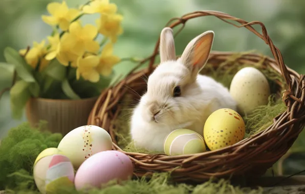 Download wallpaper flowers, eggs, rabbit, Easter, socket, basket, eggs ...