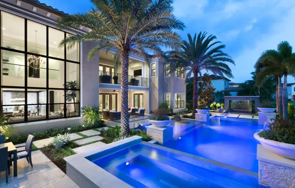 Wallpaper palm trees, Villa, the evening, pool, lighting, architecture ...