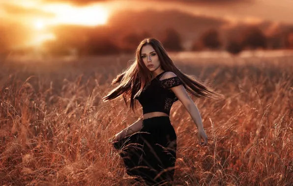 Download Wallpaper Field Grass Girl The Sun Nature Pose Skirt