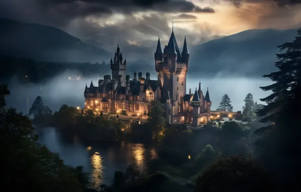 Wallpaper night, castle, rocks, dark, old, moon, landscape, view for ...