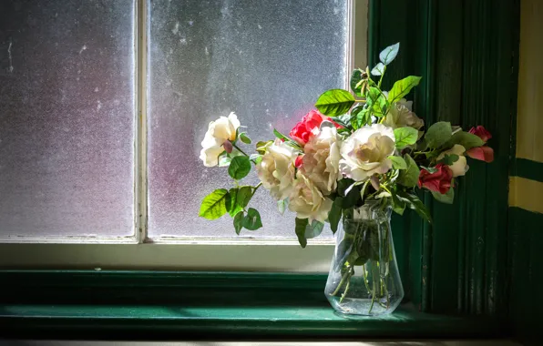 Wallpaper roses, bouquet, window, vase for mobile and desktop, section цветы, resolution ...