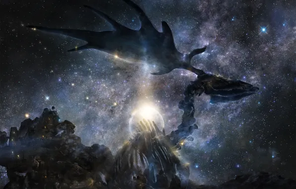 Wallpaper stars, mountains, night, people, the moon, art, skeleton ...