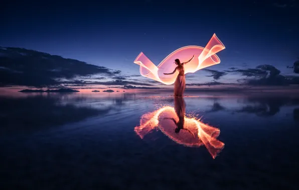 Wallpaper the sky, water, girl, stars, clouds, light, line, landscape ...