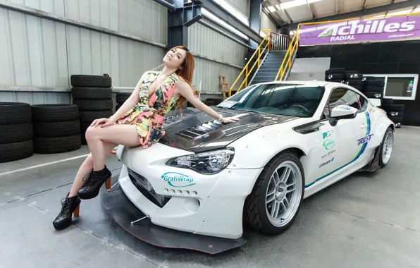 Wallpaper look, Girls, Subaru, Asian, beautiful girl, white car, posing ...