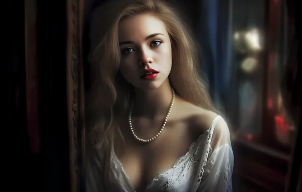 Download wallpaper chest, look, girl, light, night, portrait, window, blonde, section ai art in ...