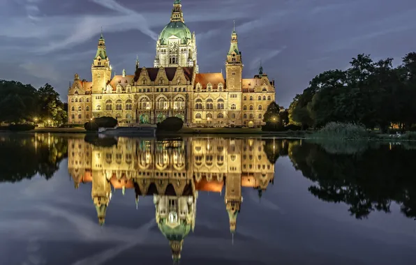 Wallpaper landscape, night, lights, pond, Park, Germany, Hanover, new ...