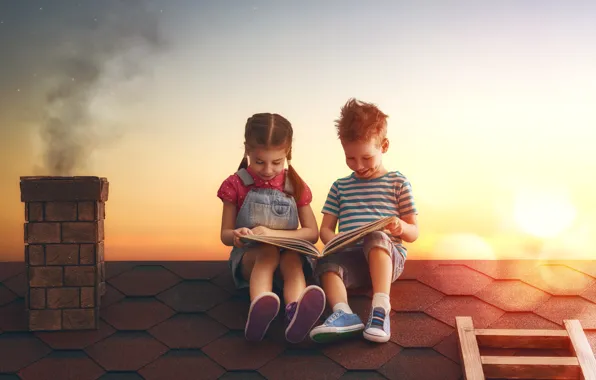 Wallpaper roof, sunset, children, each, home, boy, girl, book for ...