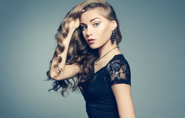 Wallpaper look, girl, hair, makeup, black dress, curls, wavy images for ...