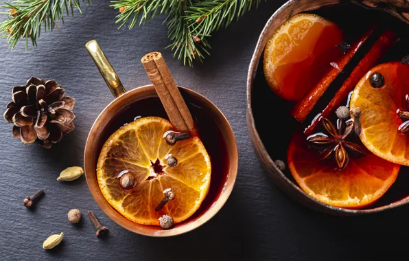Wallpaper branches, tea, new year, orange, Christmas, Cup, cinnamon ...