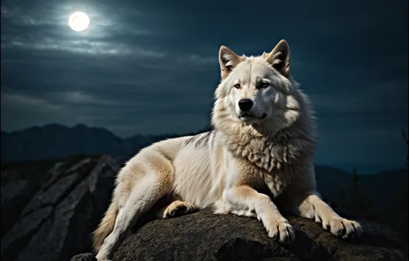 Wallpaper white, look, face, night, rocks, the moon, wolf, lies for ...