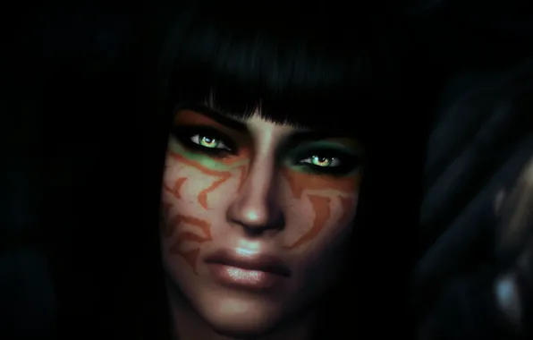 Wallpaper Look Girl Hair Black Background Green Eyes Skyrim