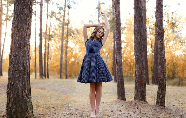 Download wallpaper forest, girl, trees, pose, mood, hands, dress ...
