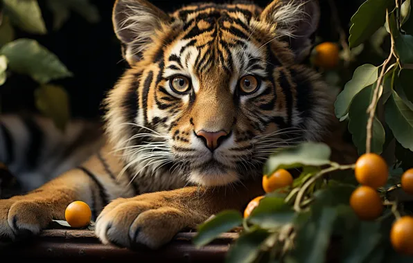 Wallpaper look, nature, tiger, fruit, face, tiger, AI art, neural ...