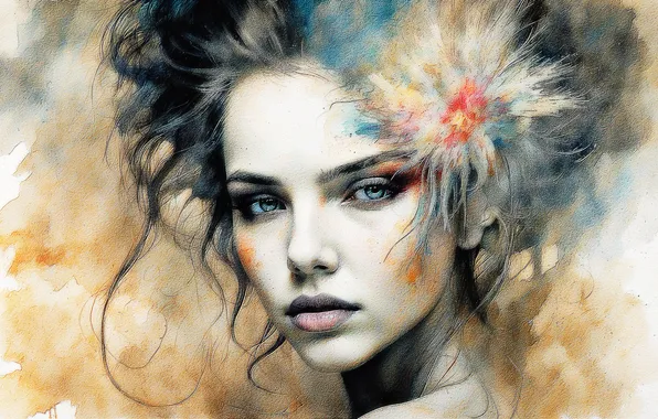 Wallpaper flower, look, girl, face, portrait, texture, hairstyle, imitation painting for mobile ...
