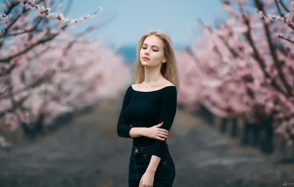 Download Wallpaper Big Breasts Flowering Trees Cute Girl Cute Blonde