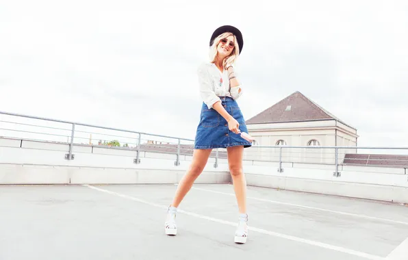 Wallpaper girl, hat, model, cute, skirt, sunglasses, denim for mobile ...