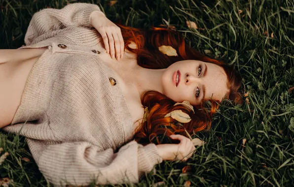 Download Wallpaper Grass Look Girl Face Pose Red Jacket Redhead
