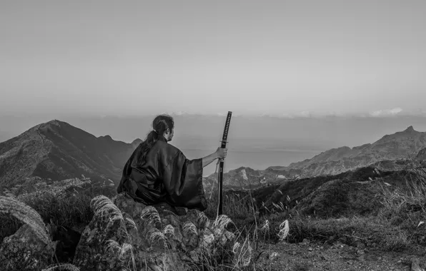 Wallpaper mountains, nature, sword, katana, horizon, samurai, male ...