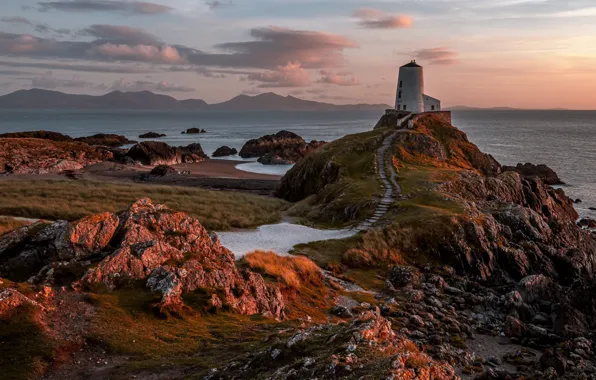 Wallpaper sunset, Llanddwyn Island, Twr Mawr Lighthouse for mobile and ...
