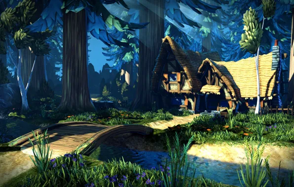 Download wallpaper forest, bridge, stream, house, Dwarfs Cottage ...
