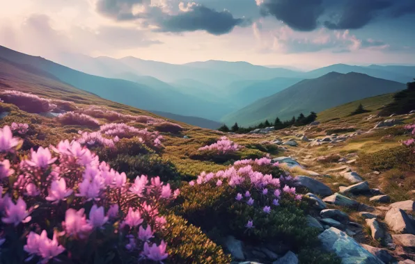 Wallpaper flowers, mountains, nature, Asia, spring, slope, pink, the ...