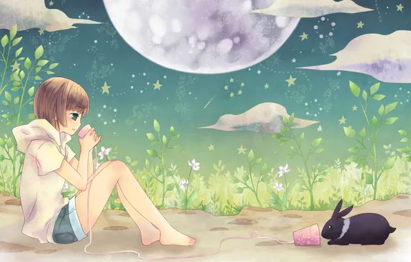 Wallpaper summer, night, mood, the moon, stars, anime, rabbit, girl for ...