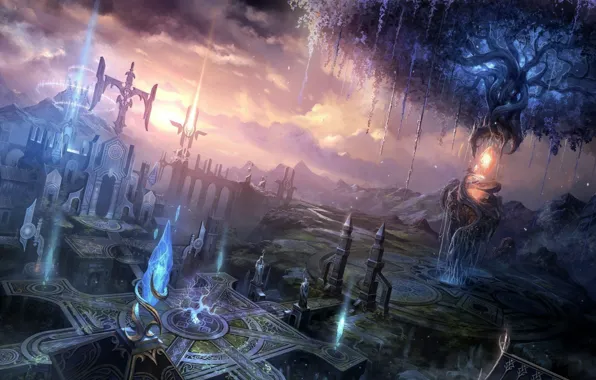 Download wallpaper clouds, castle, magic, area, magic, rays of light ...