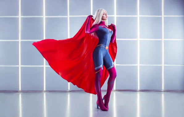 Download Wallpaper Girl Cosplay Superwoman Blonde Costume Cape Section Style In Resolution