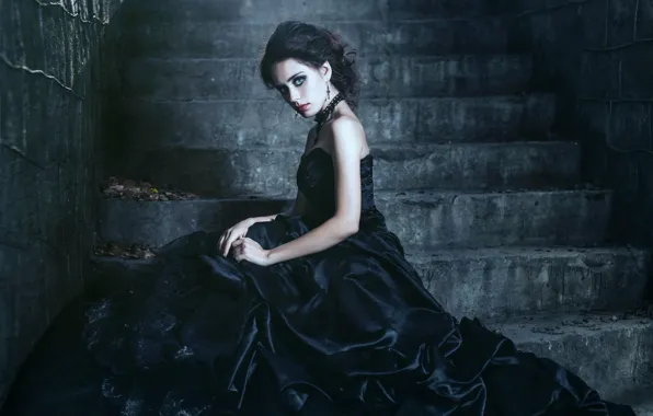 Wallpaper girl, black, dress, stone, model, mood, look, stairs images ...