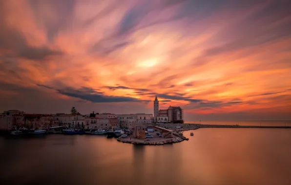 Wallpaper the sky, sunset, castle, view, Italy, pond, settlement, Trani ...
