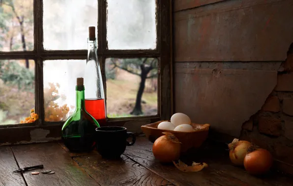 Wallpaper table, eggs, bow, window, still life for mobile and desktop ...