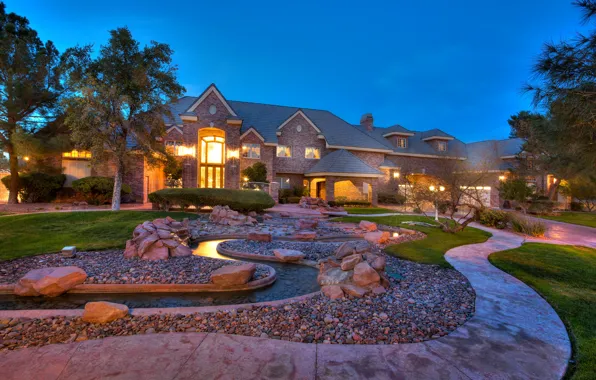 Wallpaper grass, trees, house, stream, stones, Villa, track, the bushes ...