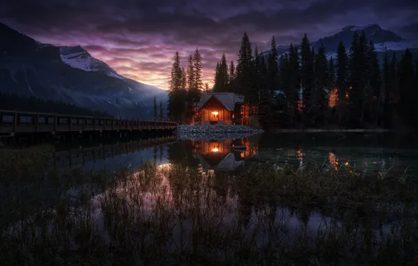 Wallpaper trees, mountains, lights, lake, the evening, Canada, house ...