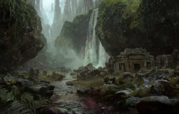 Wallpaper grass, fog, stream, stones, waterfall, moss, ruins, Path of ...