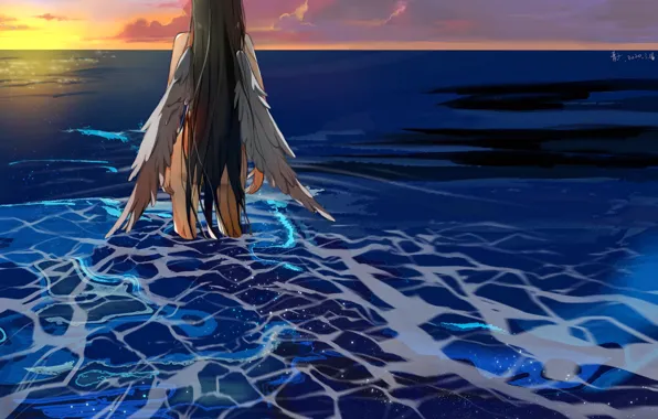 Download wallpaper sea, girl, sunset, angel, section art in resolution ...