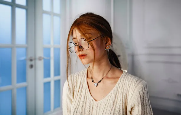 Download Wallpaper Girl Glasses Girl Door Red Redhead Glasses