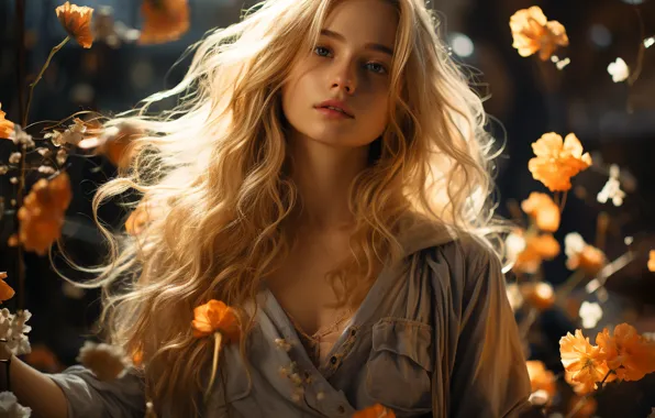 Wallpaper look, girl, flowers, pose, portrait, AI art, neural network ...