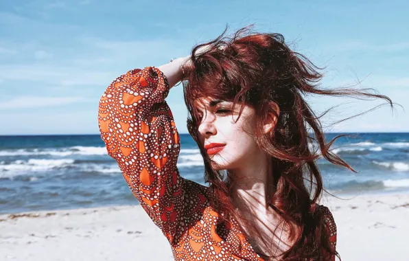 Download wallpaper girl, summer, beach, dress, redhead, wind, section ...