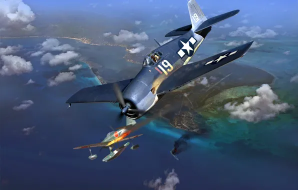 Wallpaper Nakajima, A6M2-N, F6F-3 Hellcat, WWII, Float fighter, Radial ...