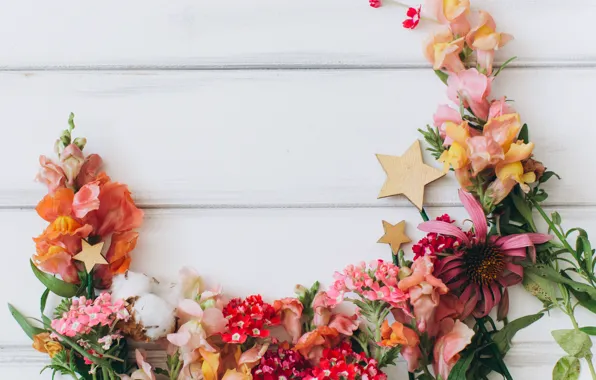Wallpaper stars, flowers, star, flowers, composition, wooden background ...