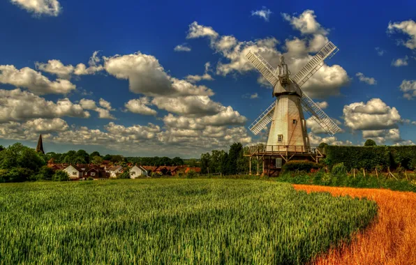Wallpaper field, clouds, England, Kent, village, mill, England, Kent ...