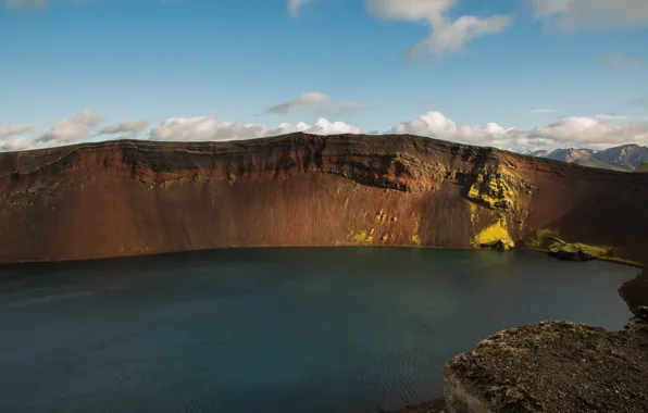 Wallpaper the sky, clouds, mountains, lake, crater for mobile and ...